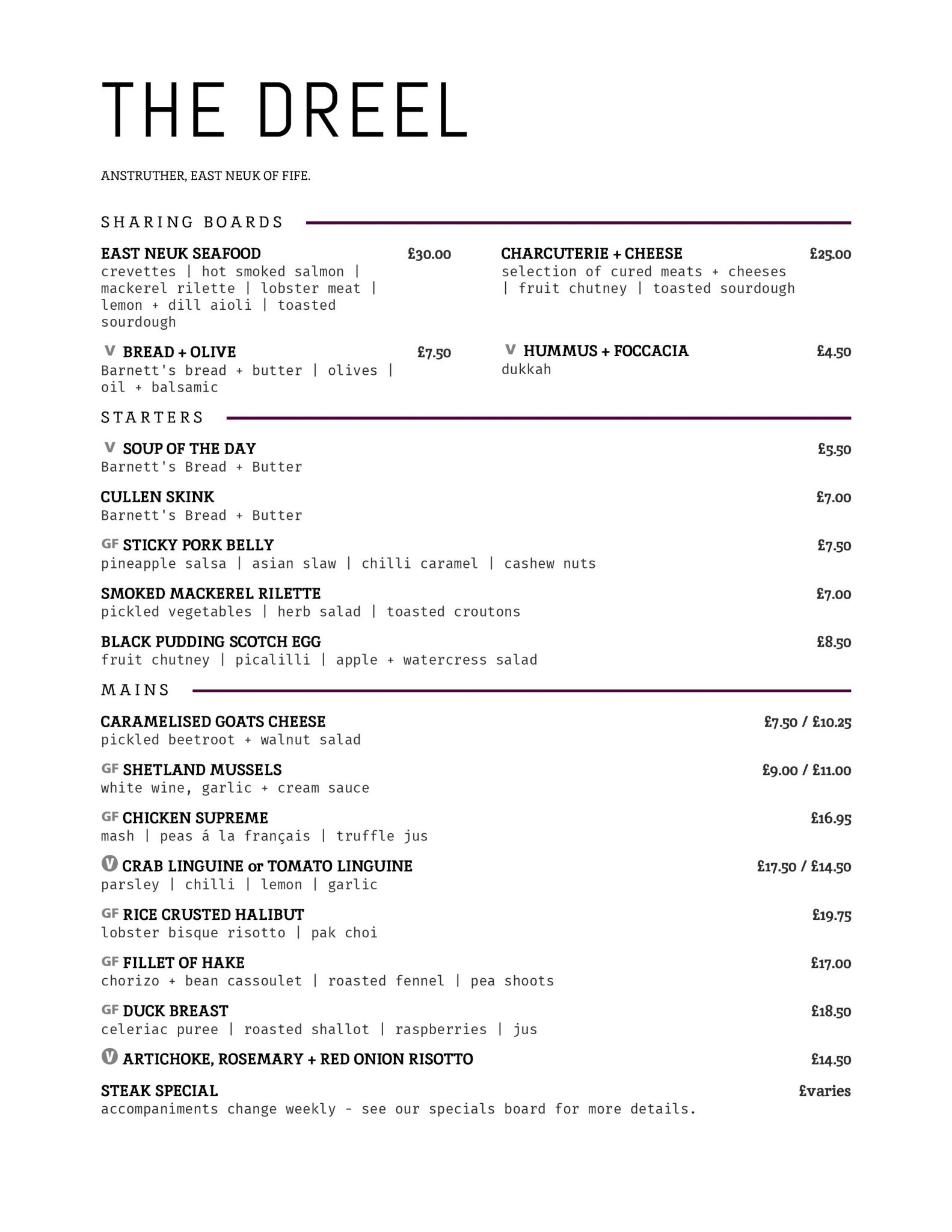 A la carte Menu | The Dreel Tavern | Anstruther, Fife